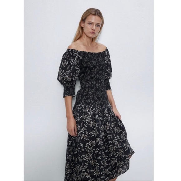 Zara | Dresses | Zara Terry Dress Floral Puffy Sleeve Midi Dress Size ...